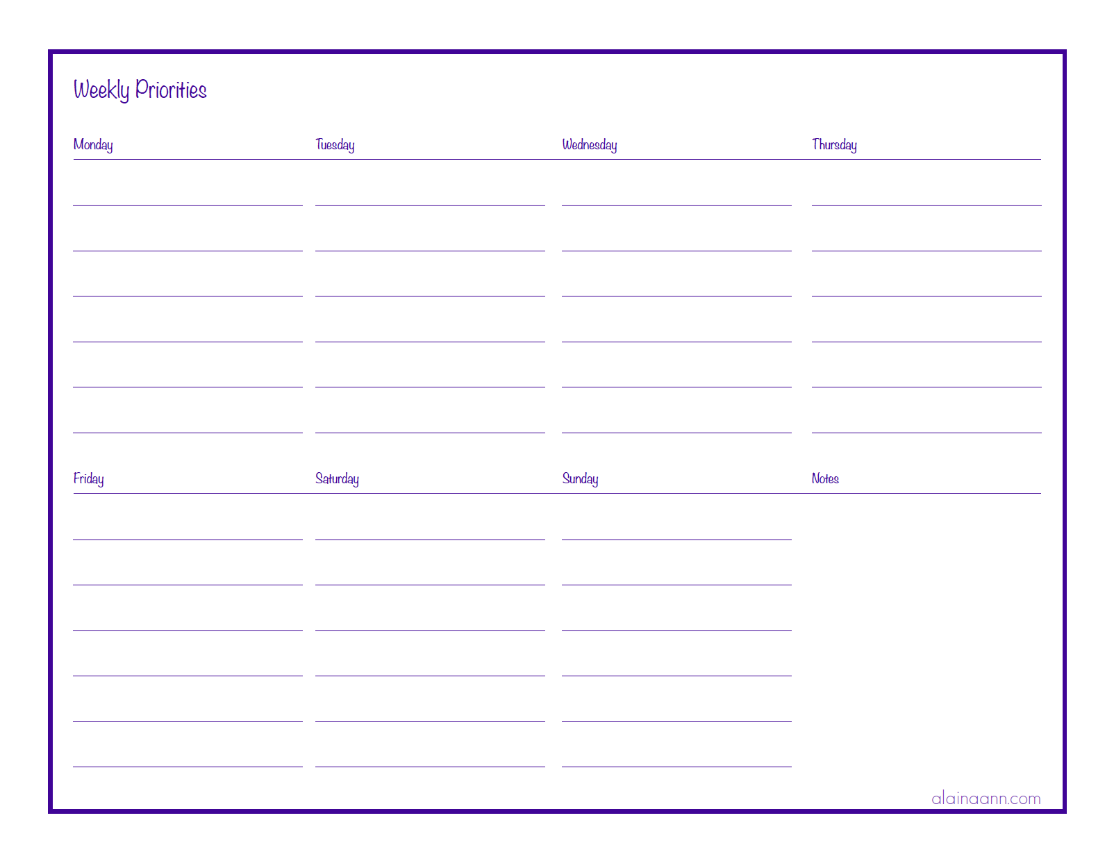 Weekly Priorities Printable — Alaina Ann