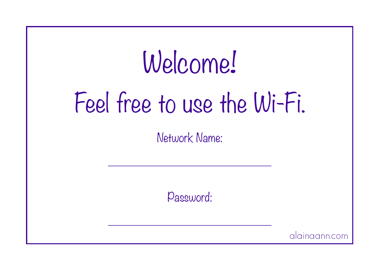 Horizontal 5 x 7 Wi-Fi Information Printable — Alaina Ann