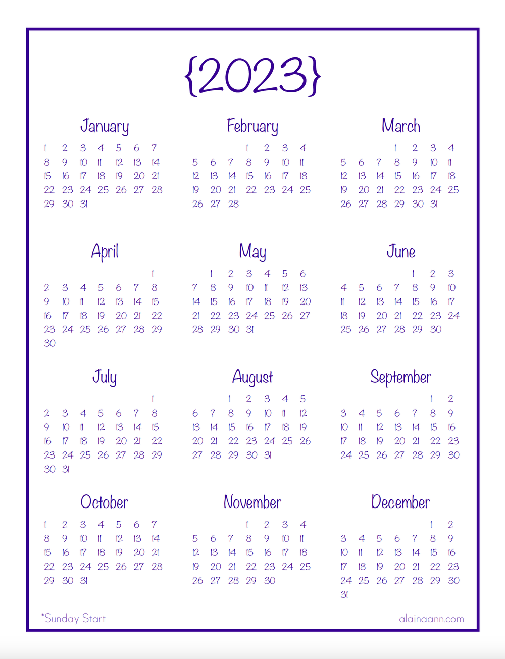 2023 Year-at-a-Glance Calendar Printable — Alaina Ann