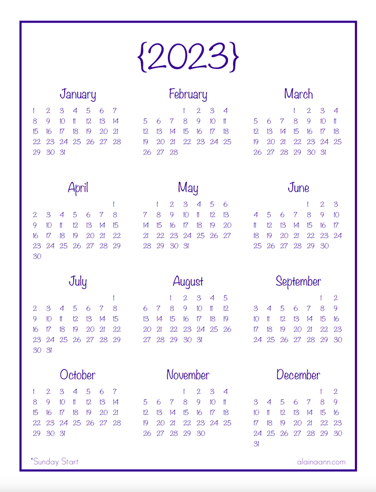 2023 Year-at-a-Glance Calendar Printable — Alaina Ann