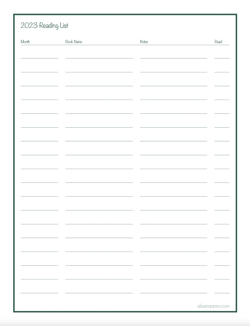 2023 Reading List Printable — Alaina Ann