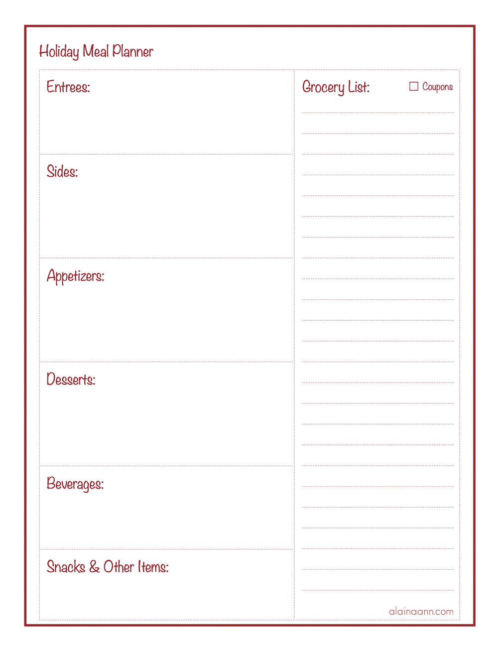 Holiday Meal Planner Printable — Alaina Ann