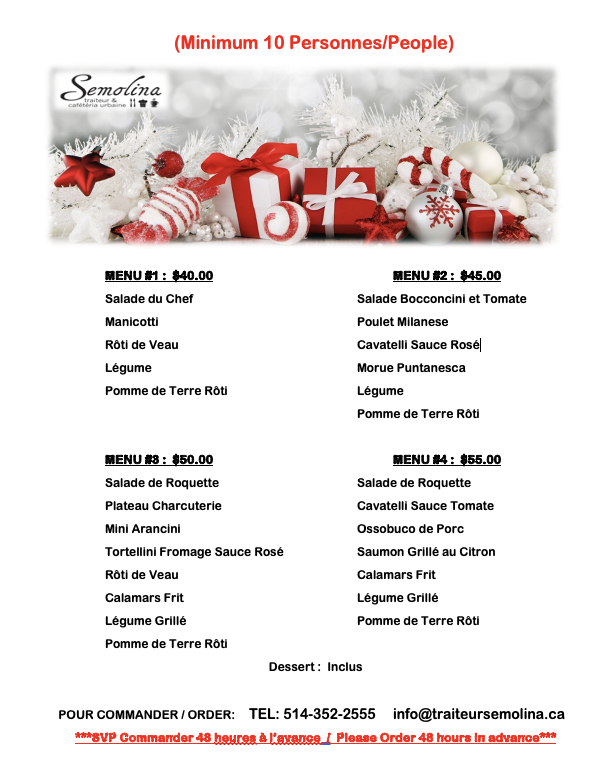 Holiday Menu — Semolina Caterer