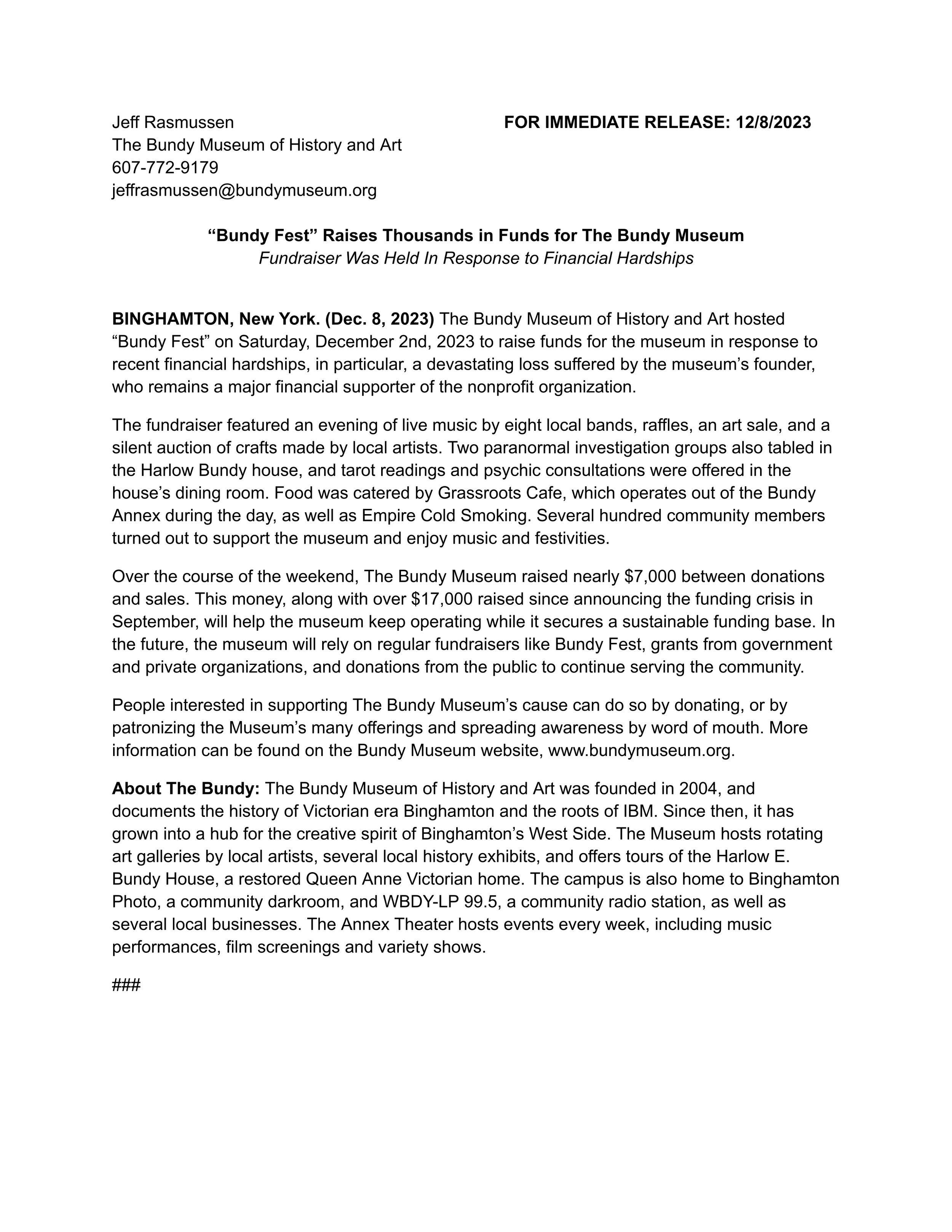 Bundy Fest Fundraiser Press Release 2023 — The Bundy Museum of History ...