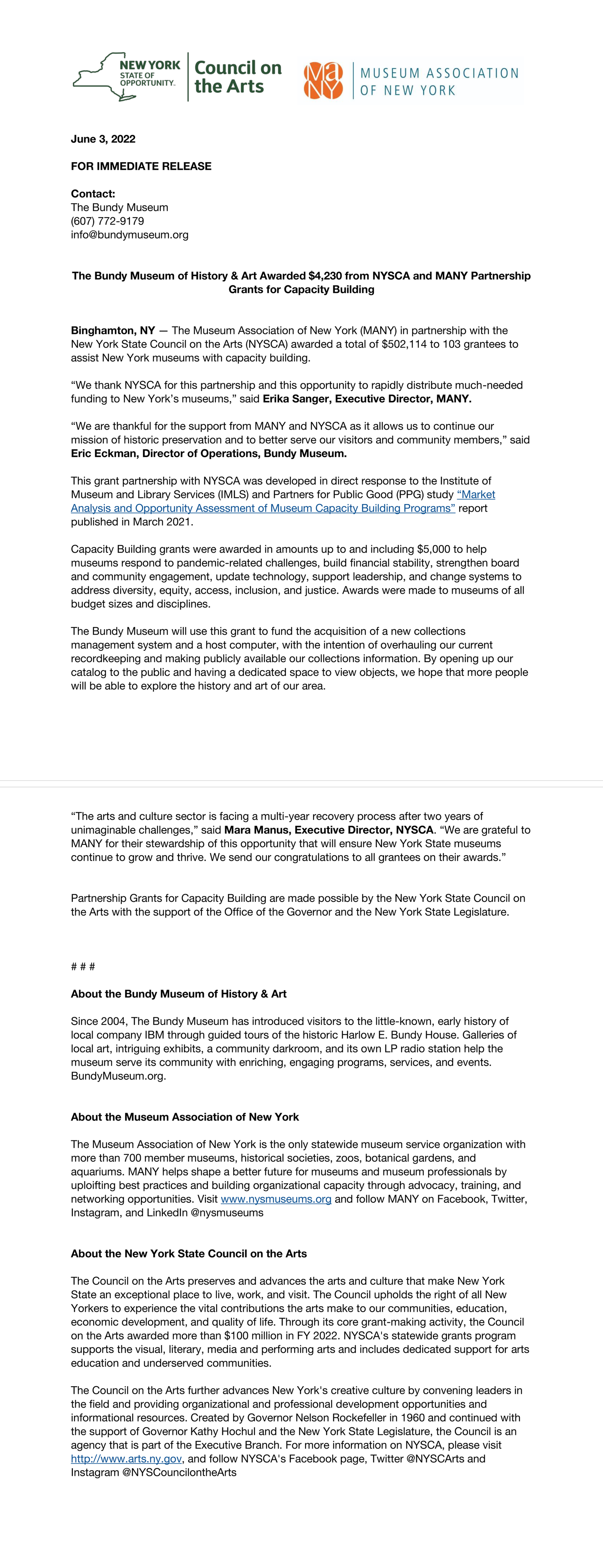 NYSCA and MANY Partnership Grants for Capacity Building Press Release ...