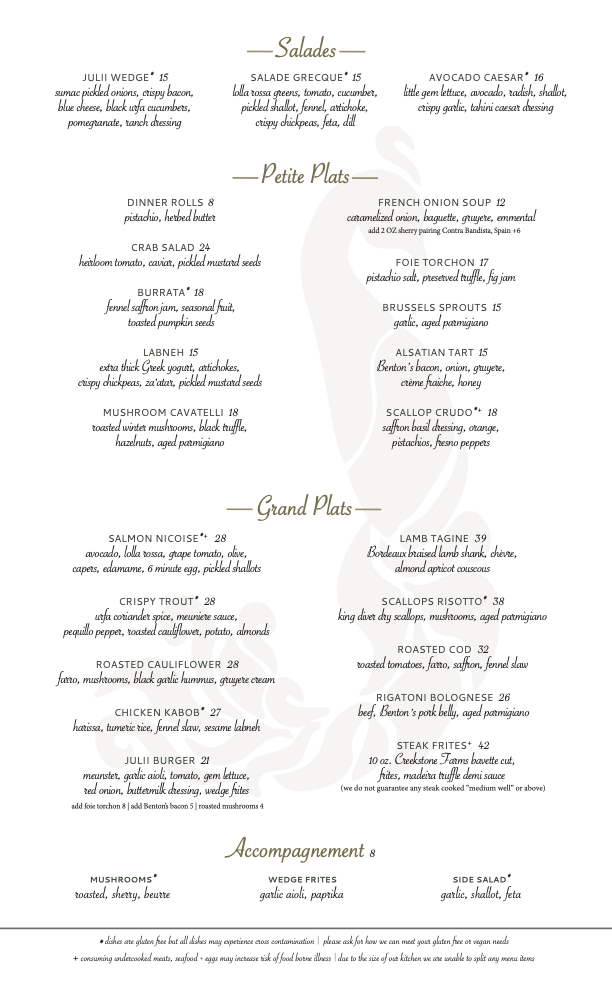 Dine In Menus — JULII