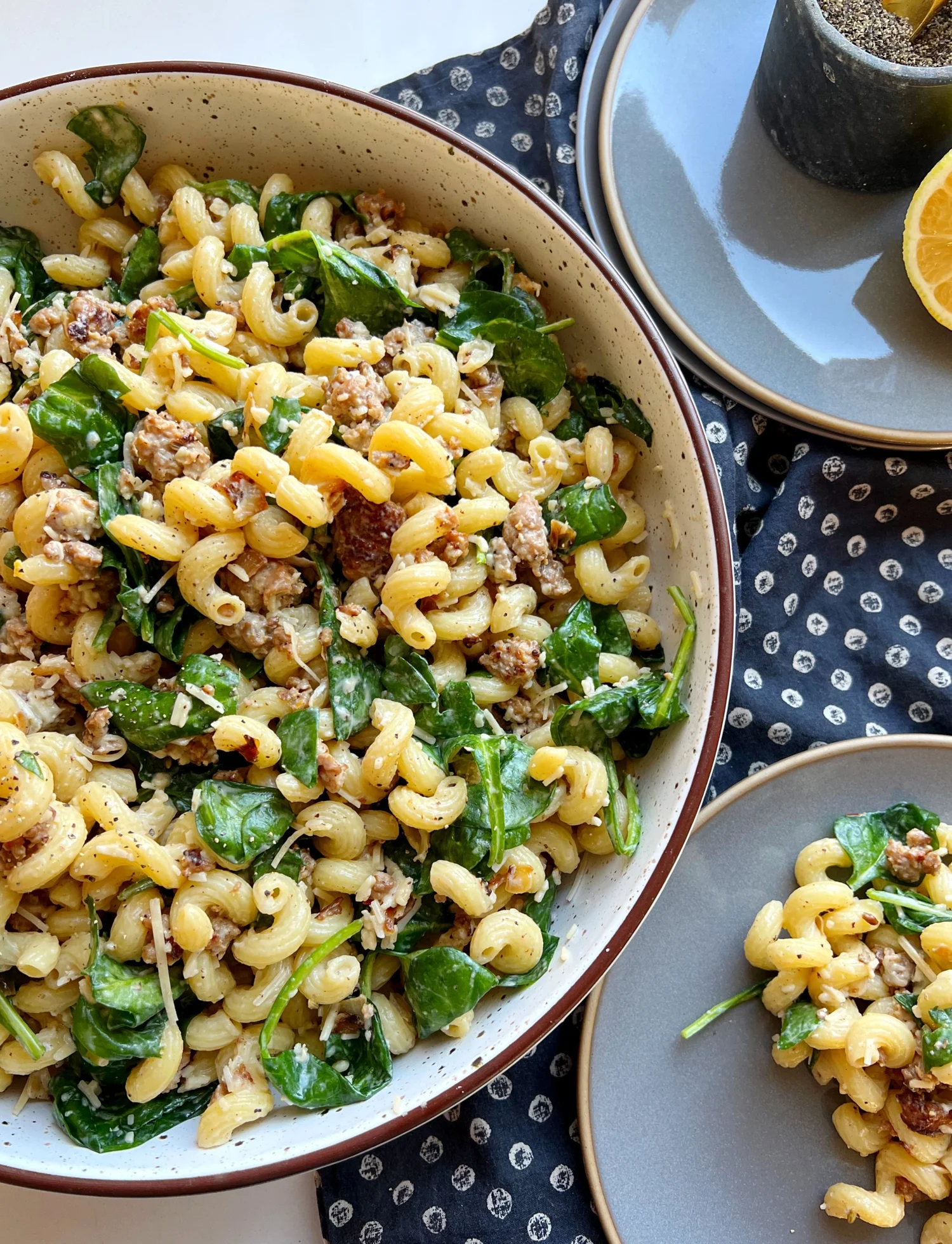 Cavatappi with Spicy Sausage, Spinach and Parmesan — The Salt And Stone