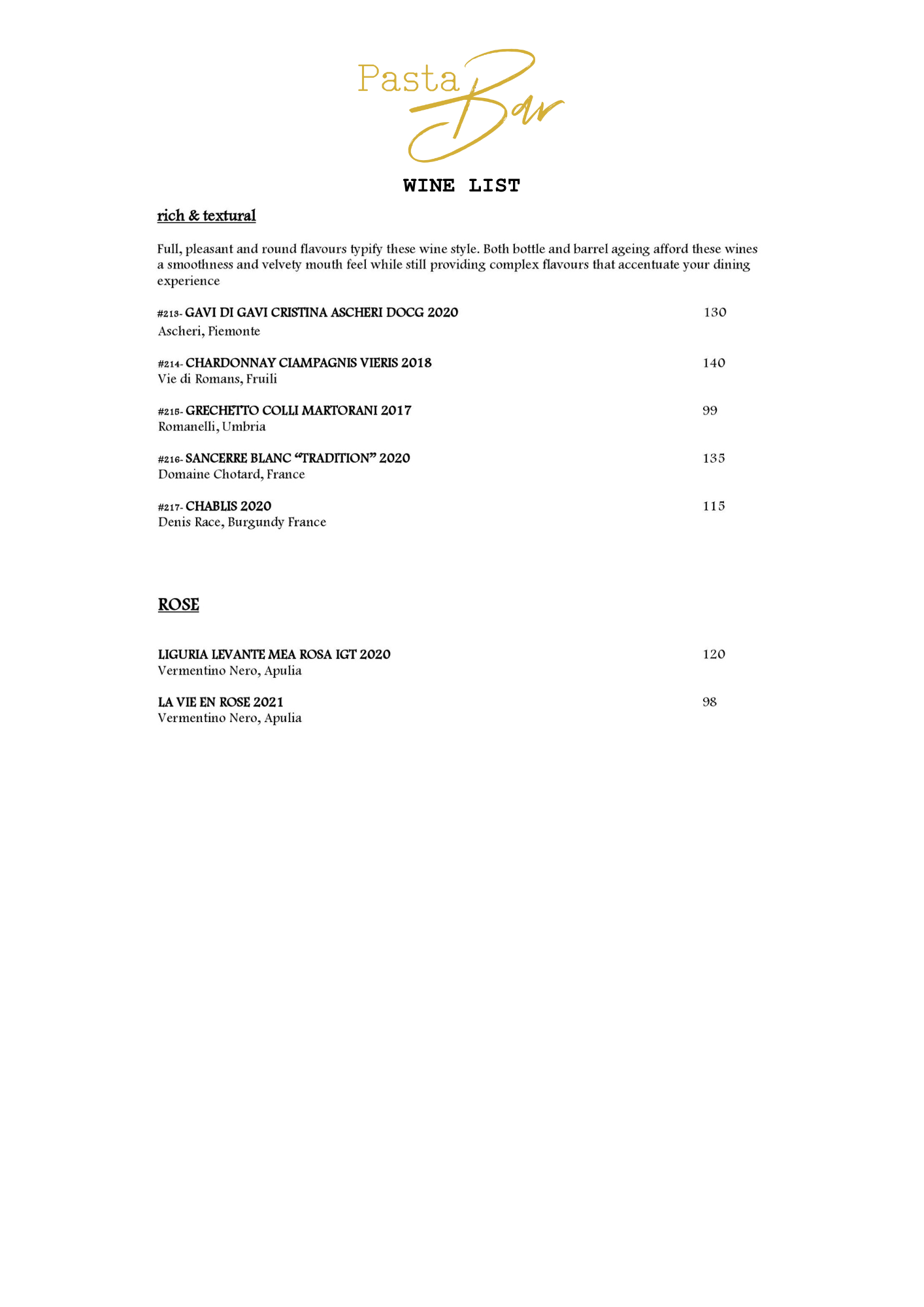 Menu Drinks — PASTA BAR: FRESH, HANDMADE DAILY