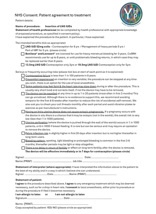 LNG IUD Insertion Consent Form — Yorkshire Health Partners