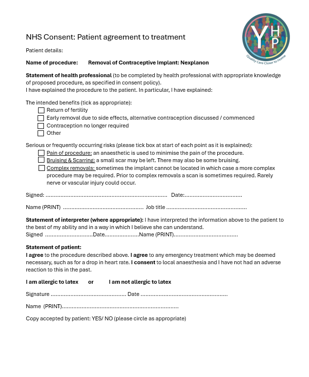Removal of Nexplanon Consent Form — Yorkshire Health Partners