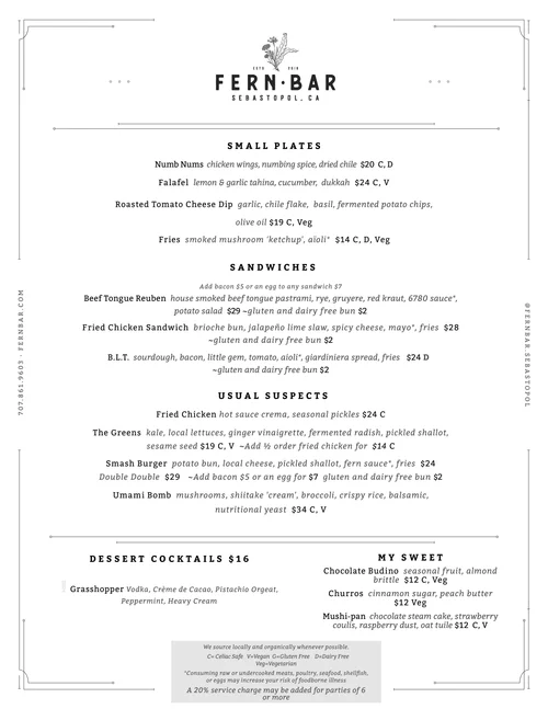 Menu — Fern Bar Events