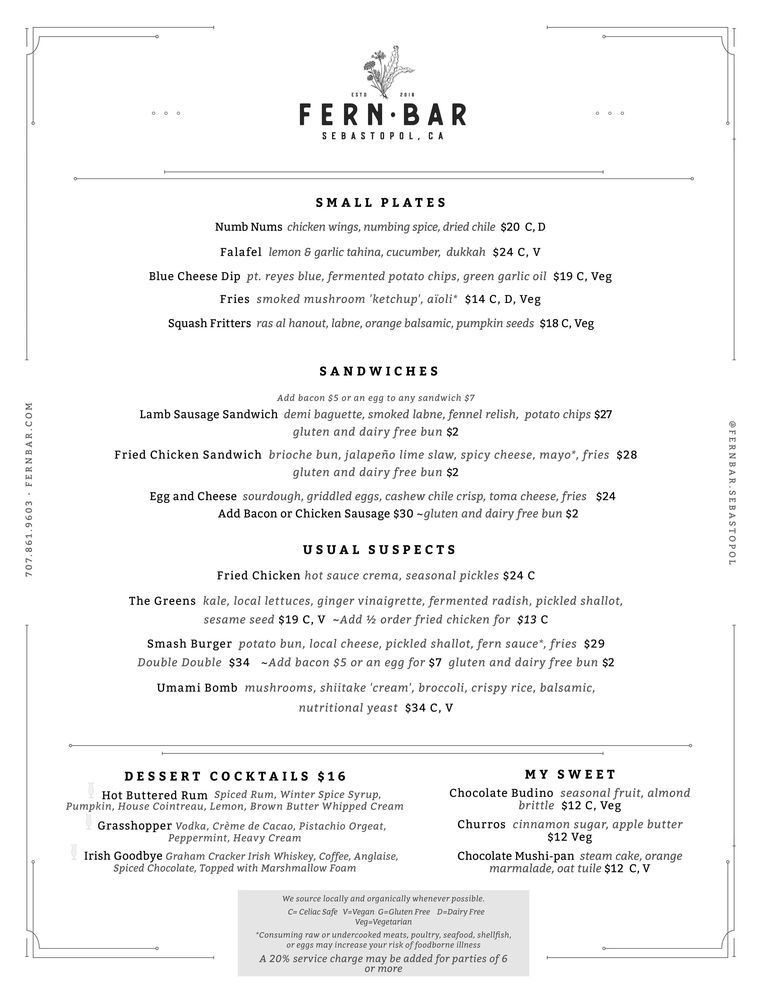 Menu — Fern Bar Events