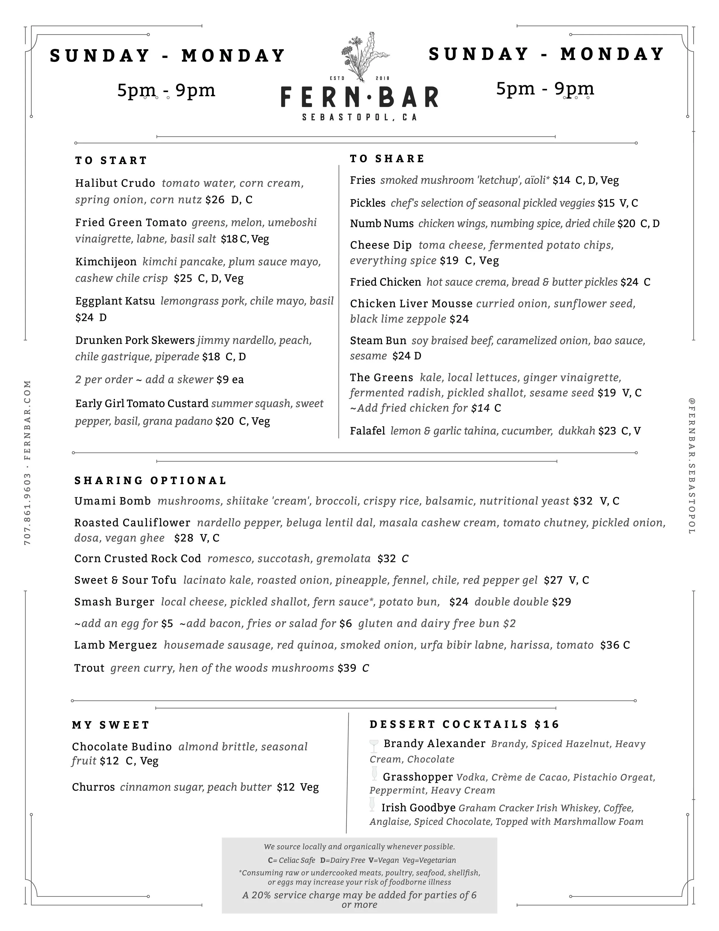 Menu — Fern Bar Events