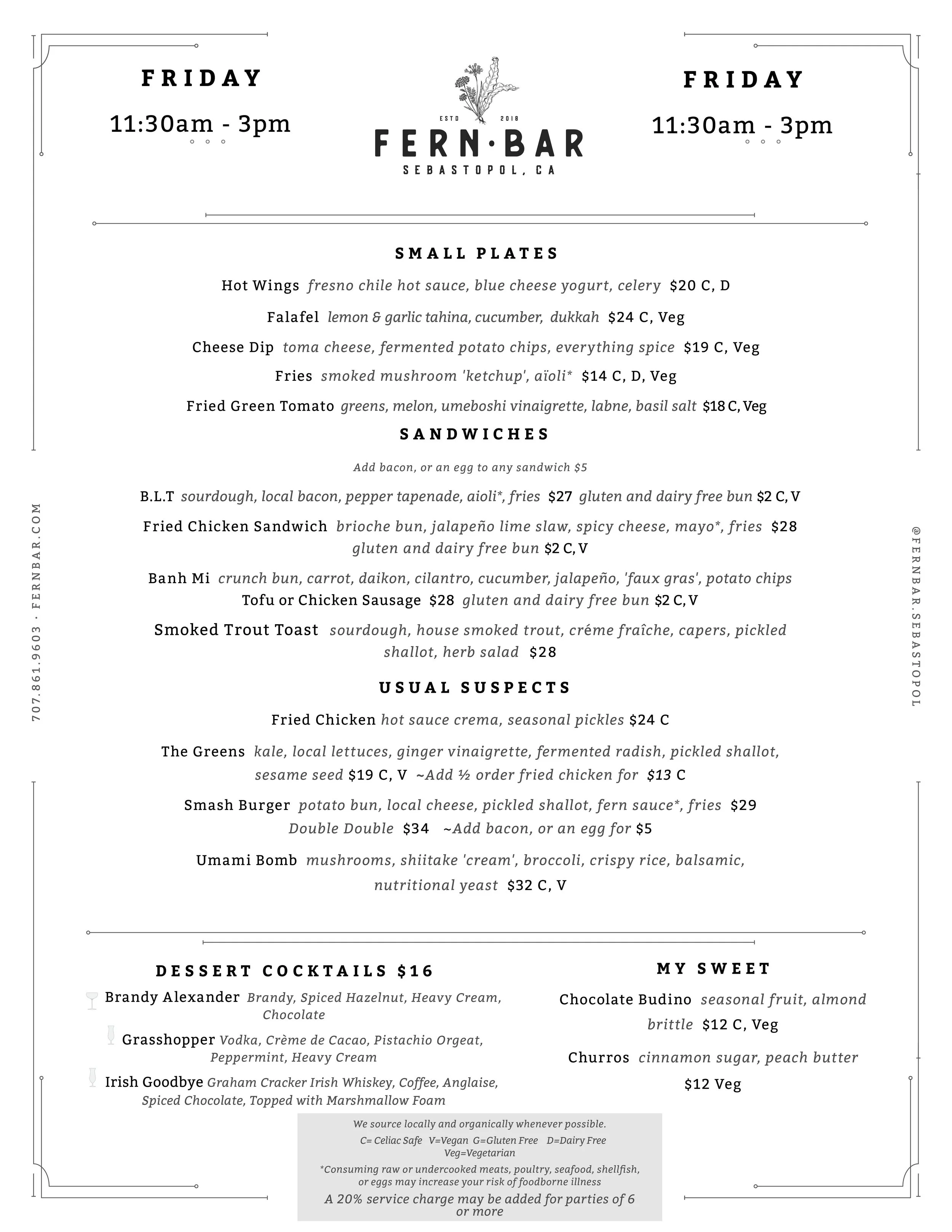 Menu — Fern Bar Events