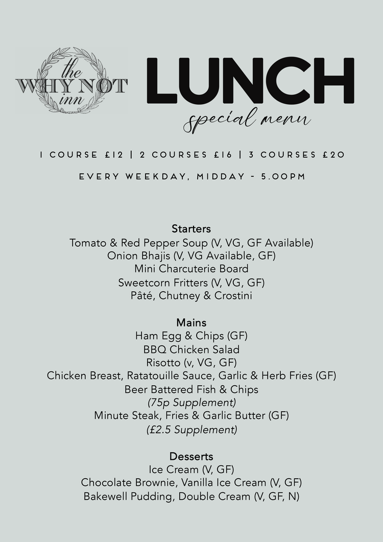 Menus — The Why Not Inn, Redditch