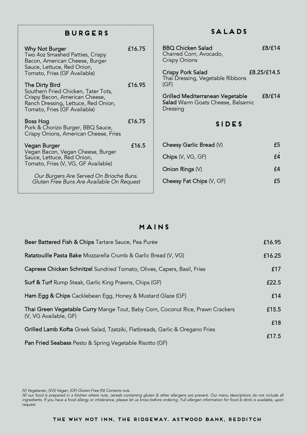 Menus — The Why Not Inn, Redditch