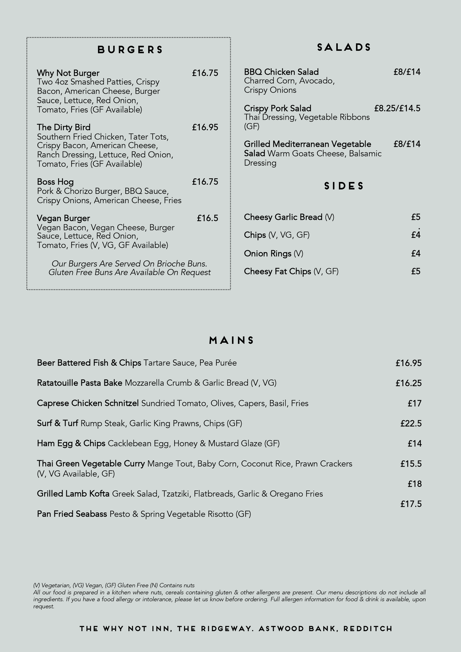 Menus — The Why Not Inn, Redditch