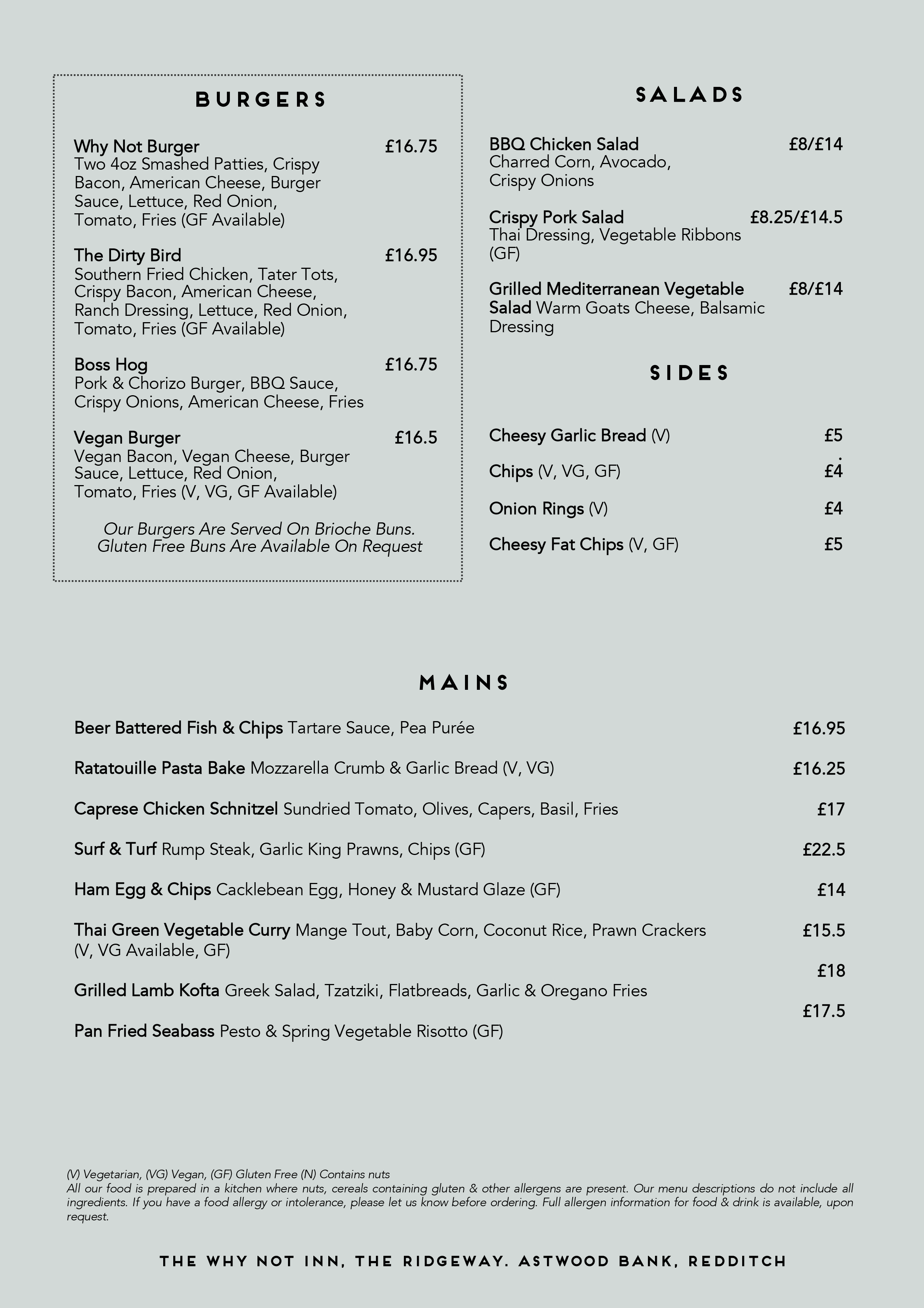 Menus — The Why Not Inn, Redditch