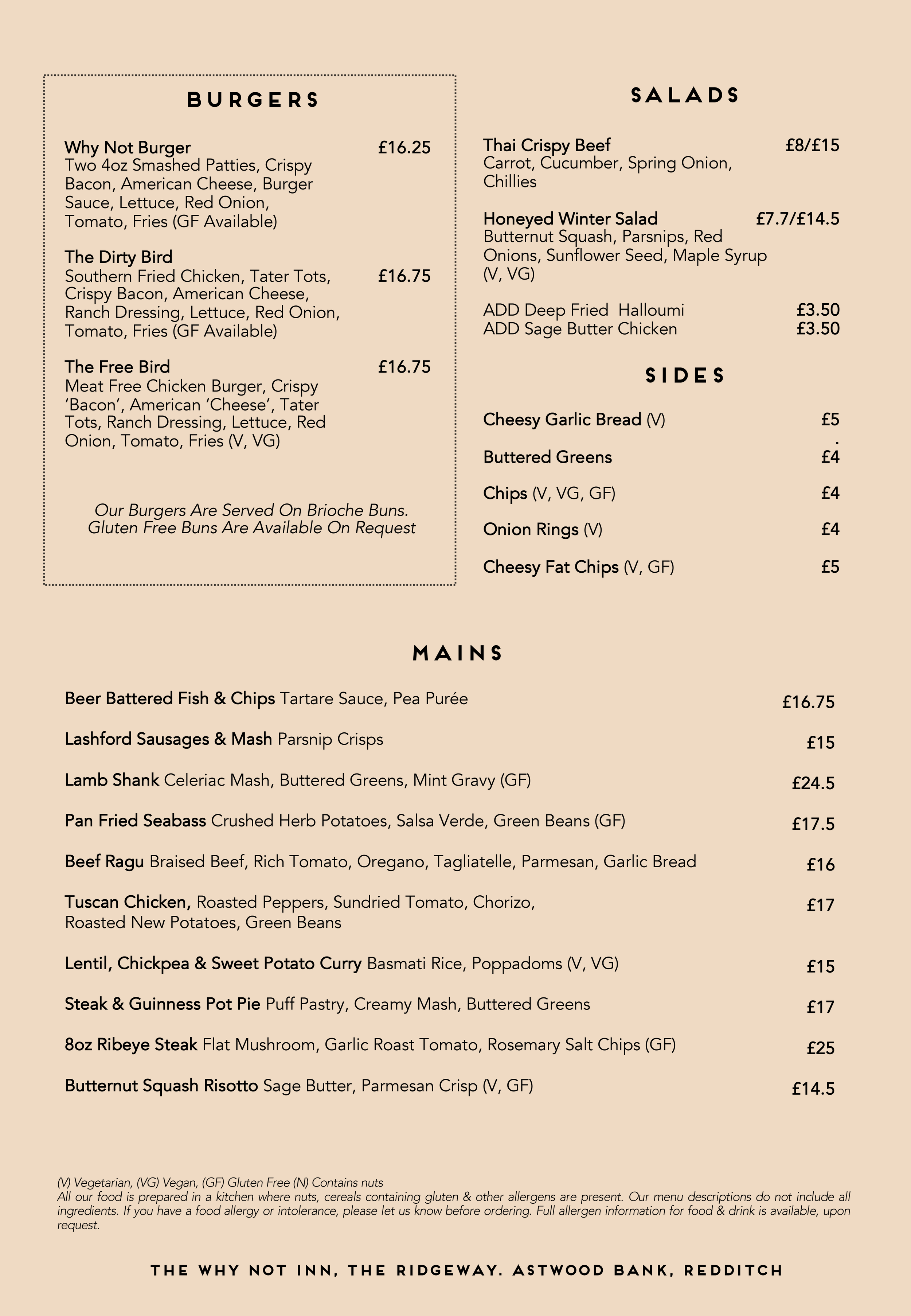Menus — The Why Not Inn, Redditch