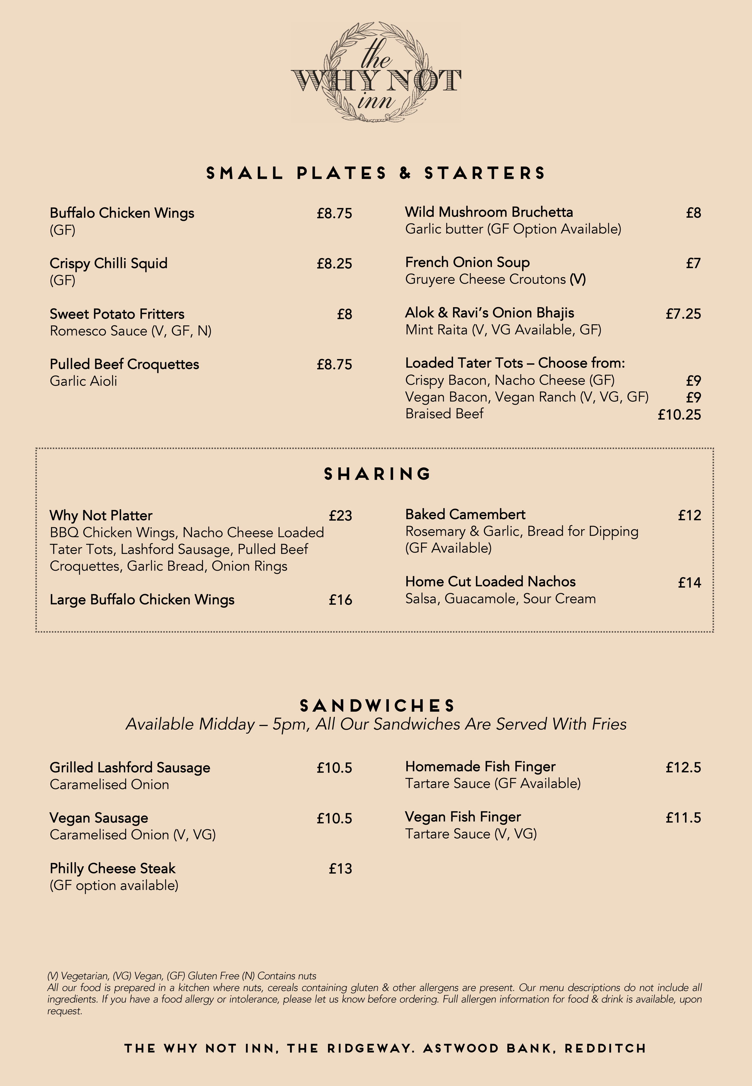 Menus — The Why Not Inn, Redditch