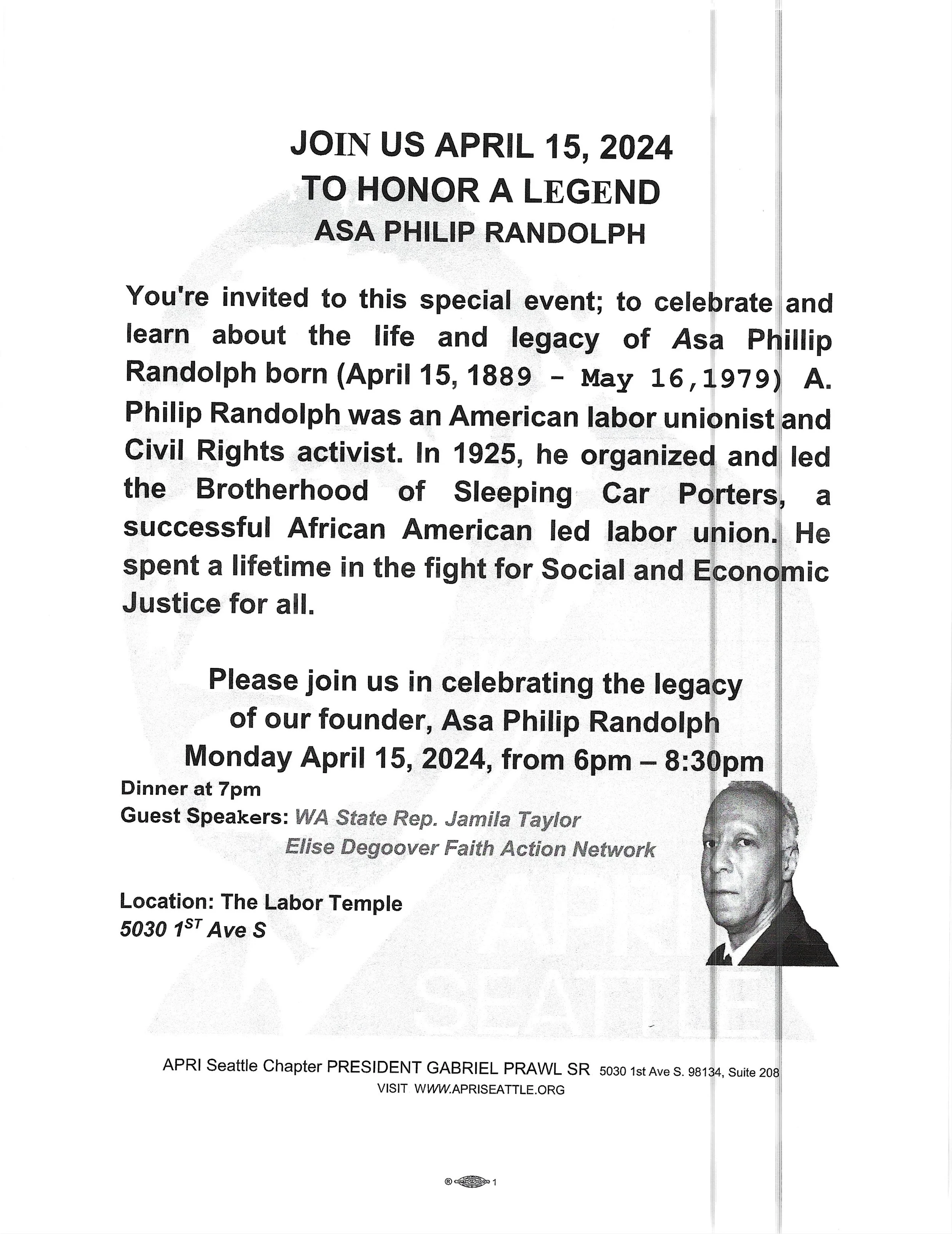 ASA PHILIP RANDOLPH BIRTHDAY CELEBRATION — APRI SEATTLE