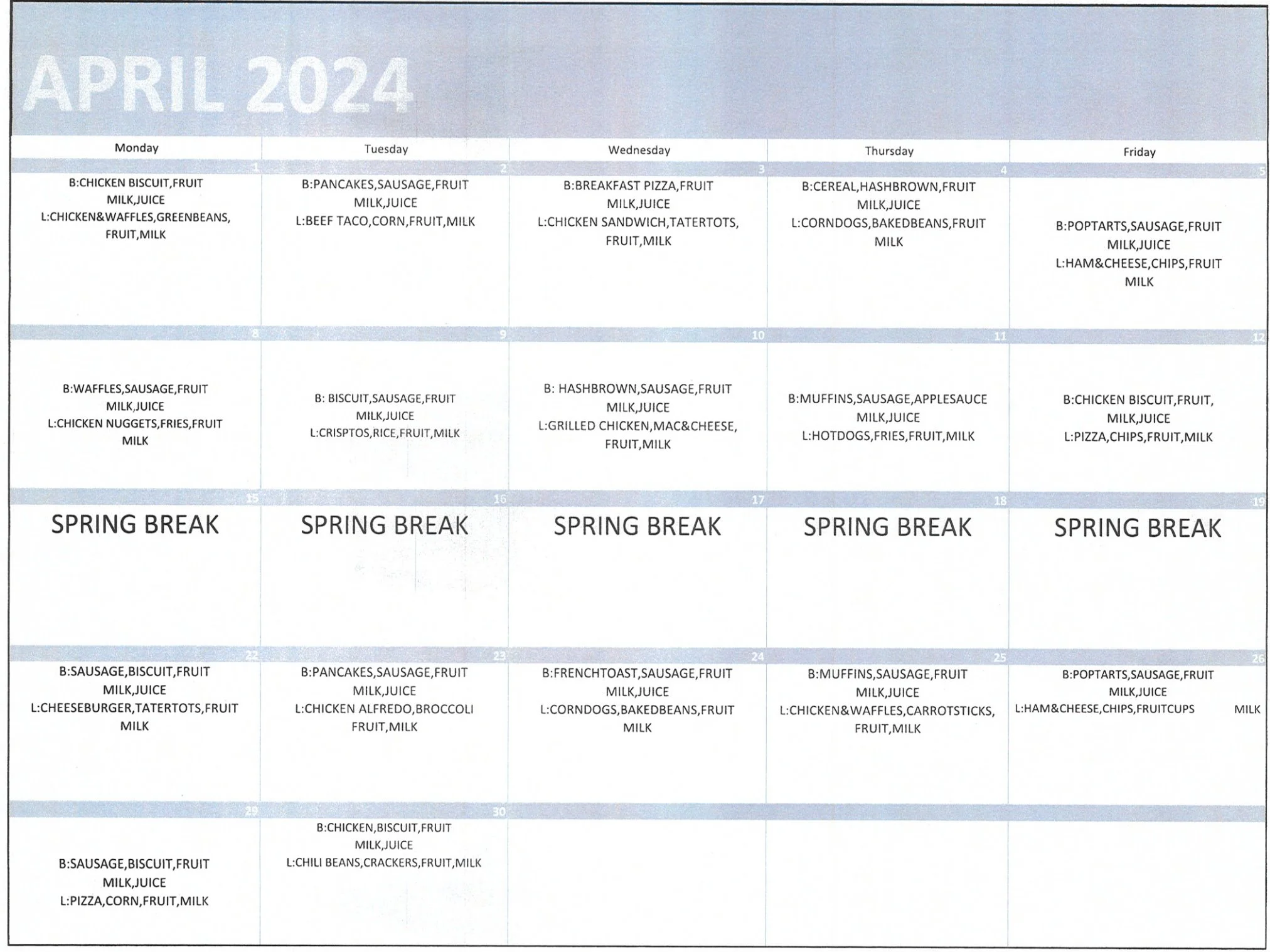 Lunch Menu — Prichard Preparatory School