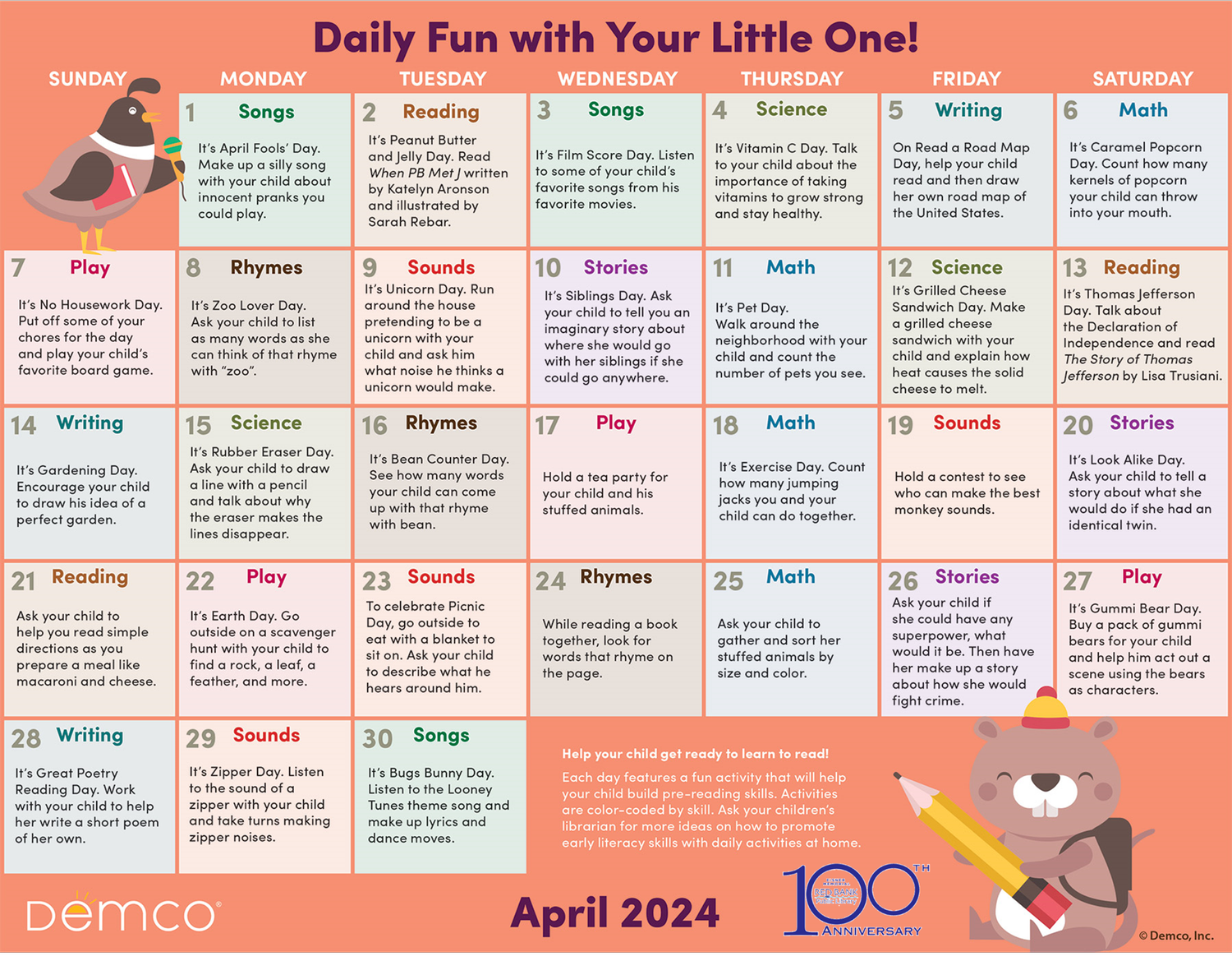 Early Literacy Activity Calendar — Red Bank Public Library