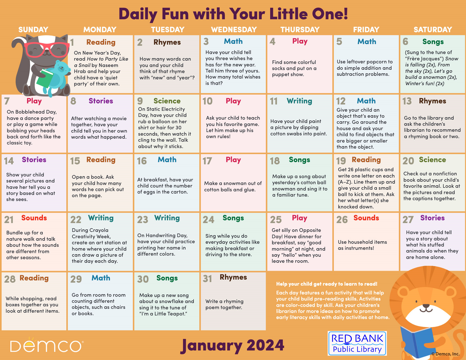Early Literacy Activity Calendar — Red Bank Public Library