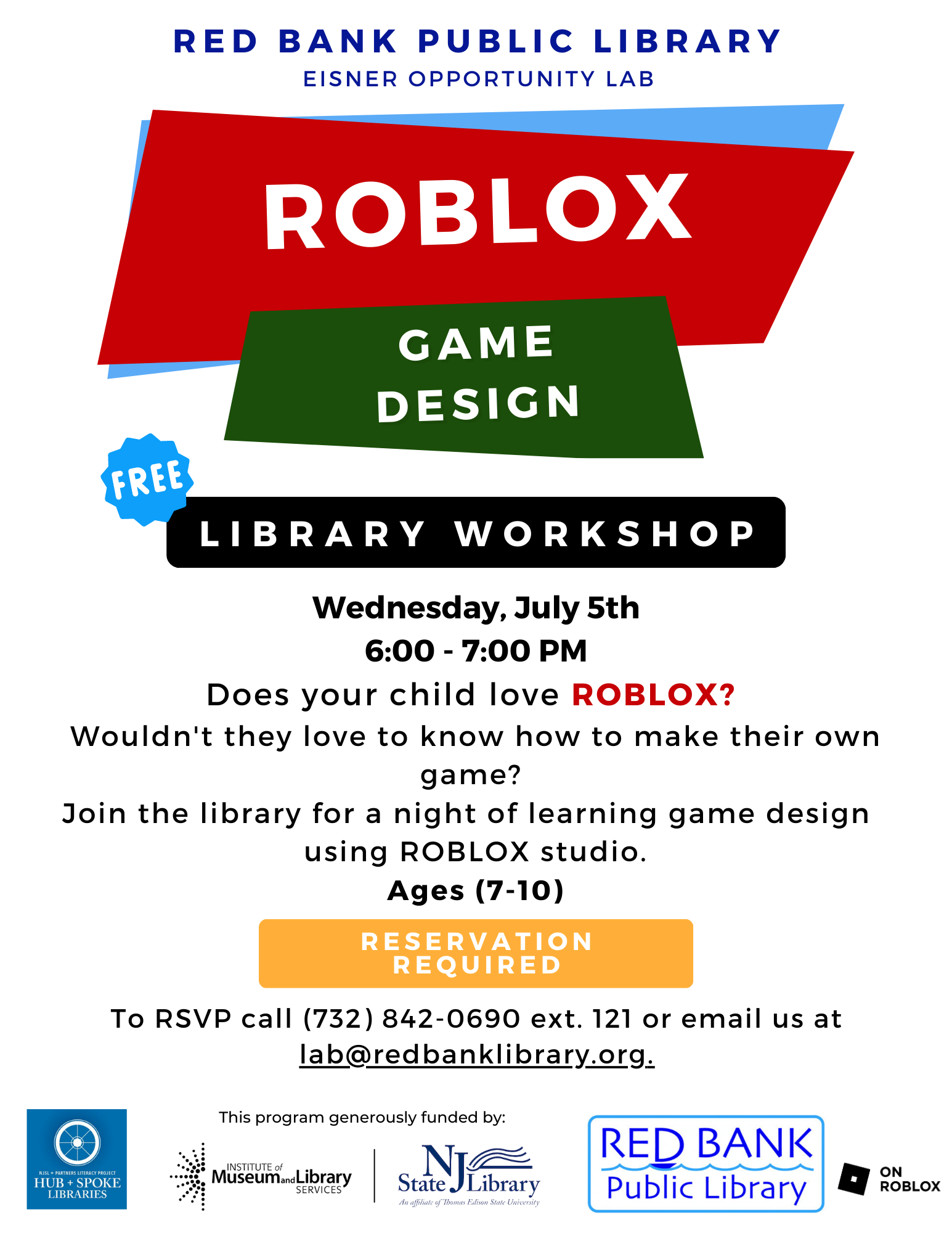 Roblox Game Design (Ages 7-10) — Red Bank Public Library