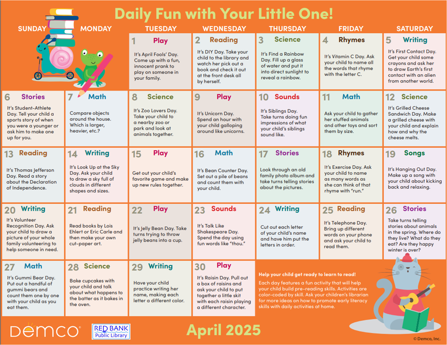 Early Literacy Activity Calendar — Red Bank Public Library