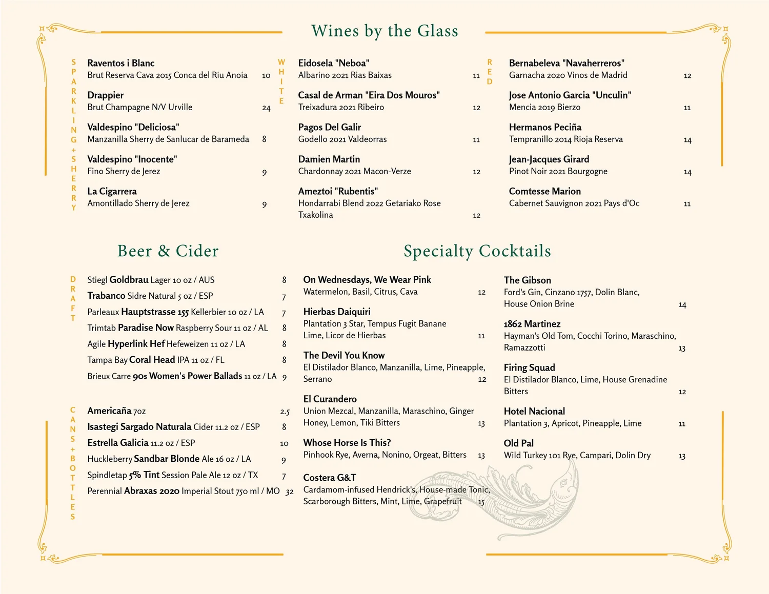 Food Menu - Costera | Coastal Spanish Cuisine | Uptown New Orleans