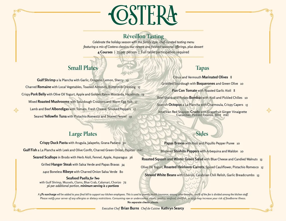 Food Menu - Costera | Coastal Spanish Cuisine | Uptown New Orleans