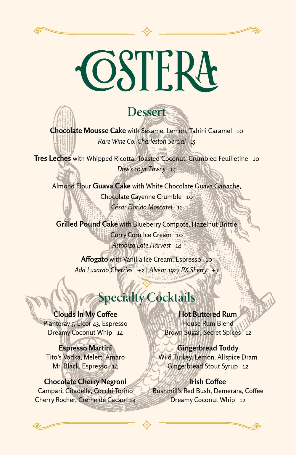 Dessert Menu - Costera | Coastal Spanish Cuisine | Uptown New Orleans