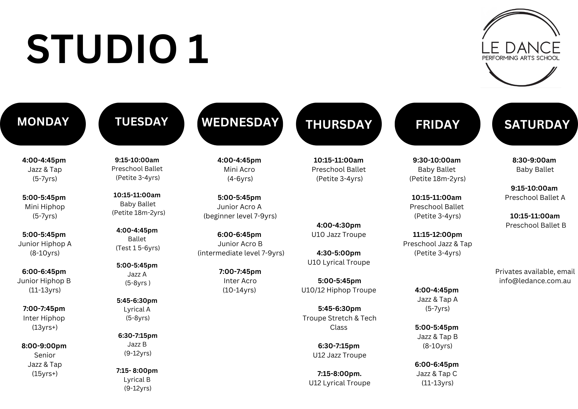 Timetable — Le Dance