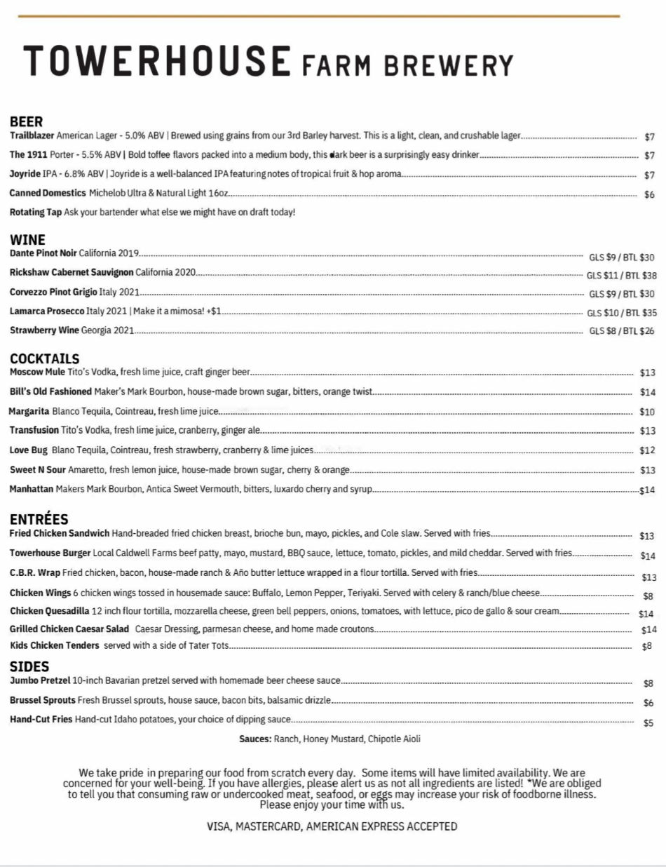 Menu — Towerhouse Farm Brewery