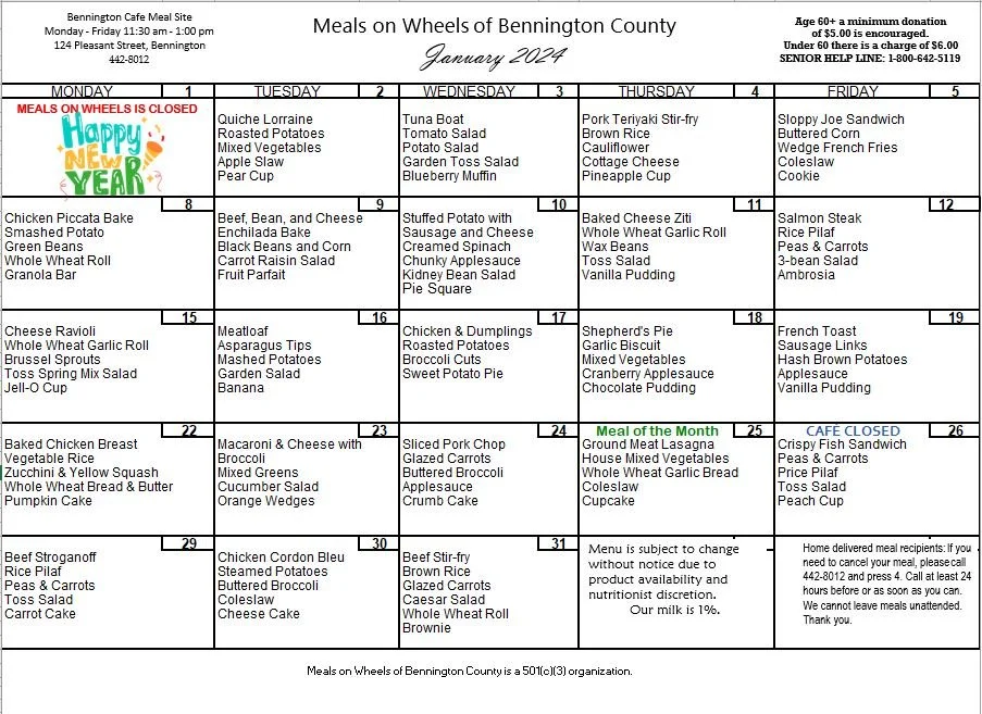 Daily Menu — Meals on Wheels of Bennington County, Vermont