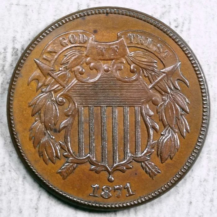 1871 Two Cent Piece, Better Date, Uncirculated — Tipsico Coin