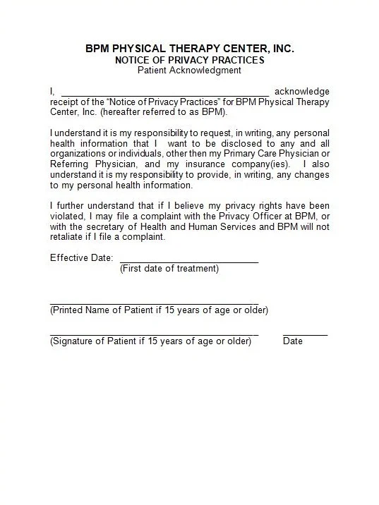 New Patient Forms — BPM Physical Therapy Center