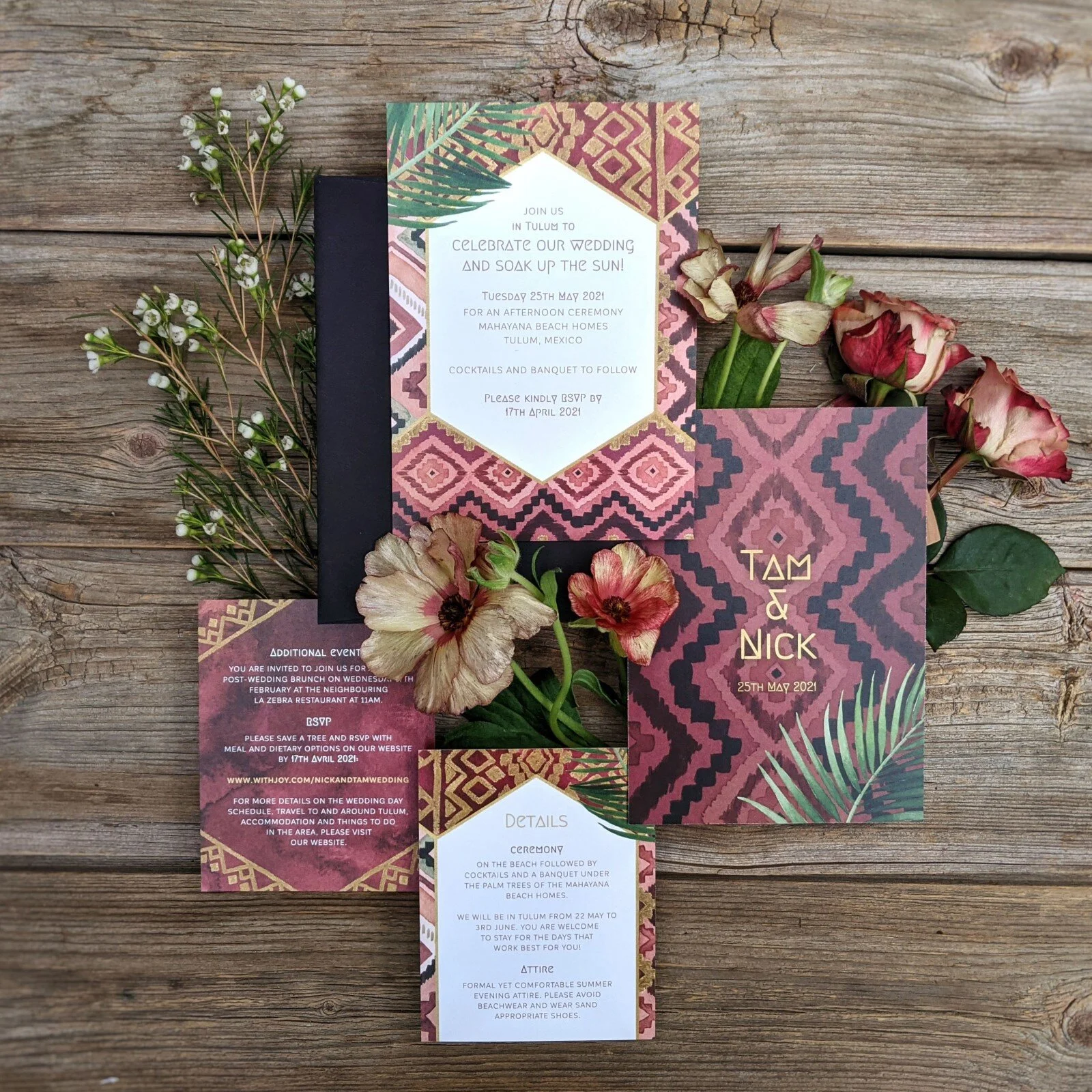 Aztec Rug & Tropical Leaves Boho Wedding Invitations — Alicia's Infinity