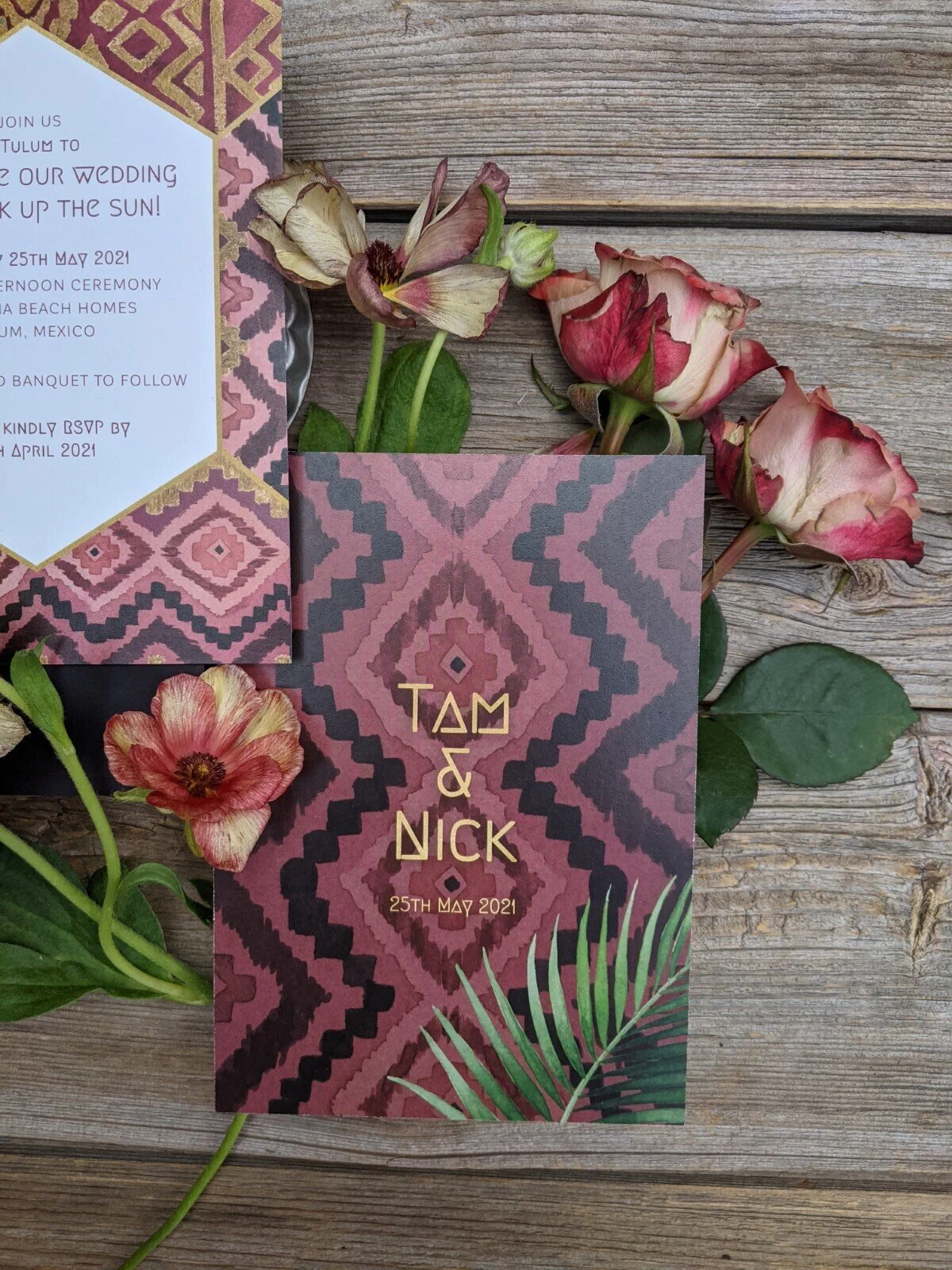 Aztec Rug & Tropical Leaves Boho Wedding Invitations — Alicia's Infinity