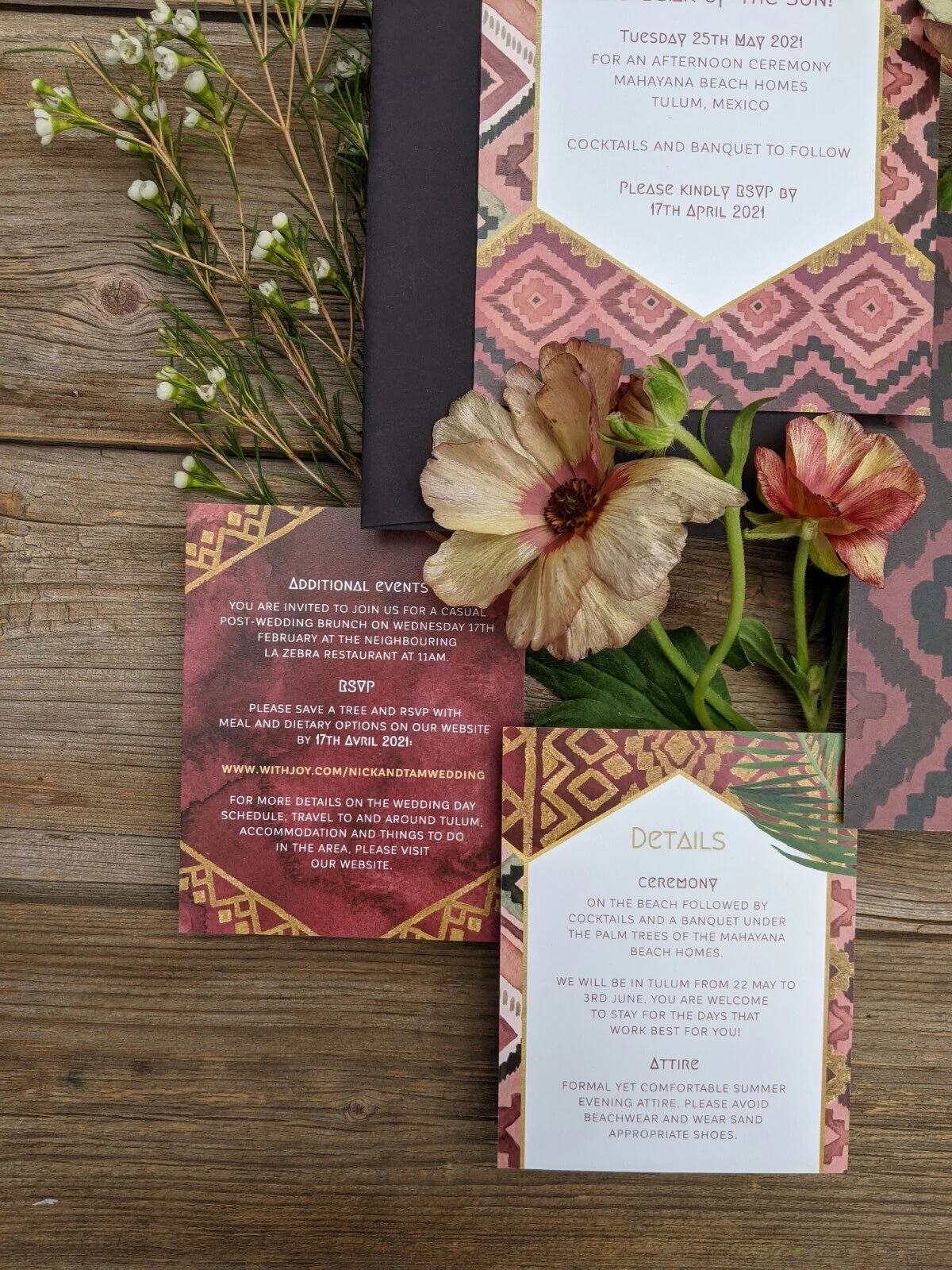 Aztec Rug & Tropical Leaves Boho Wedding Invitations — Alicia's Infinity