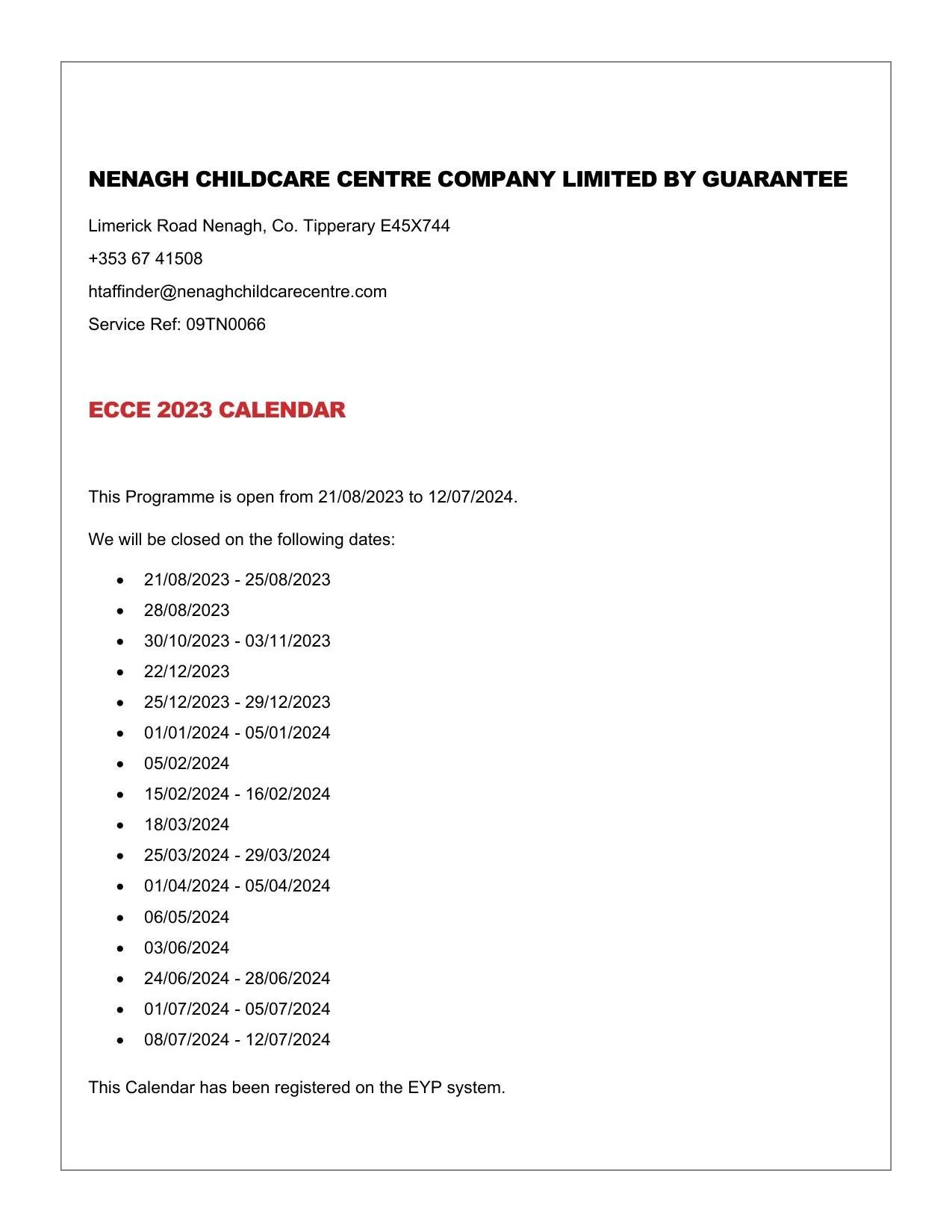 Service Calendars — Nenagh Childcare Centre