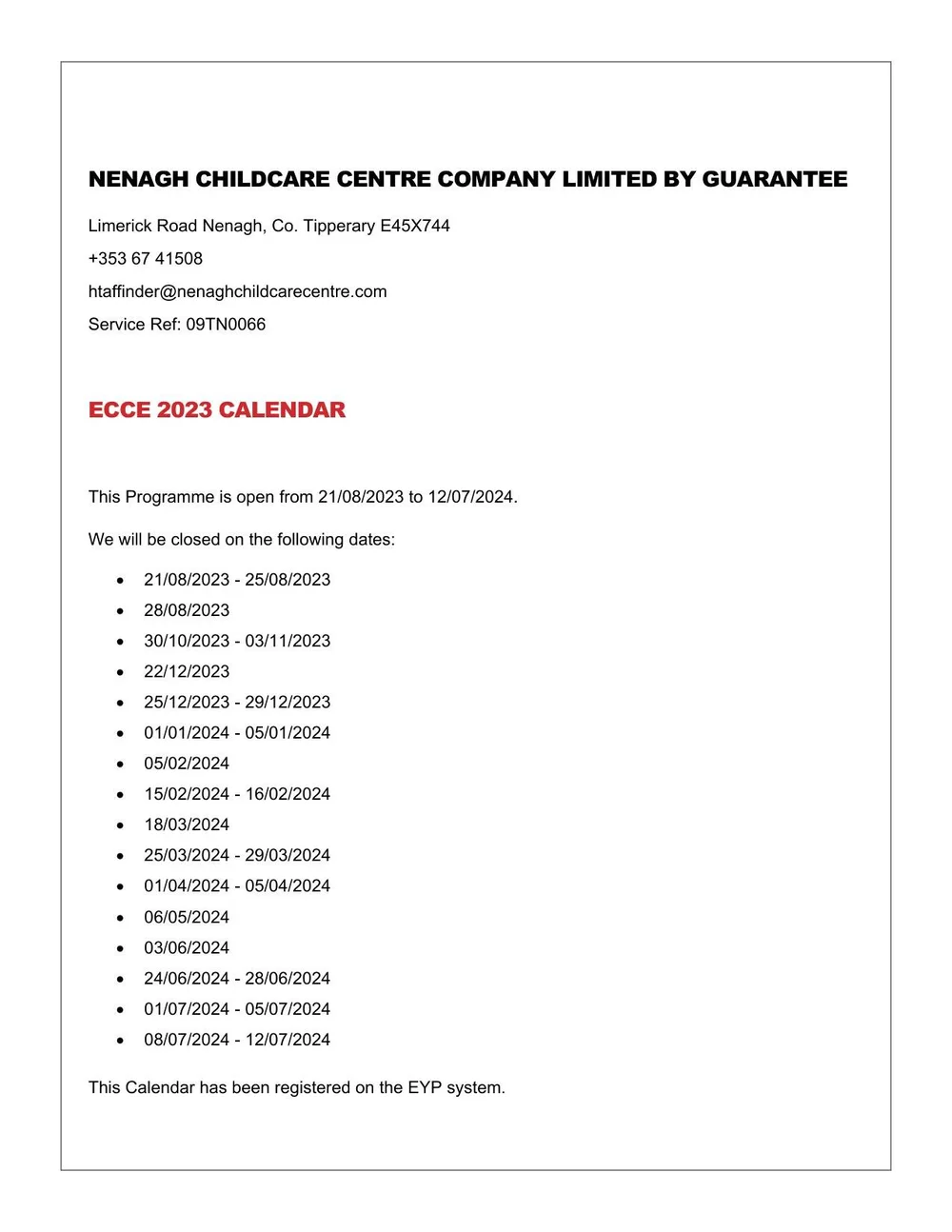 Service Calendars — Nenagh Childcare Centre