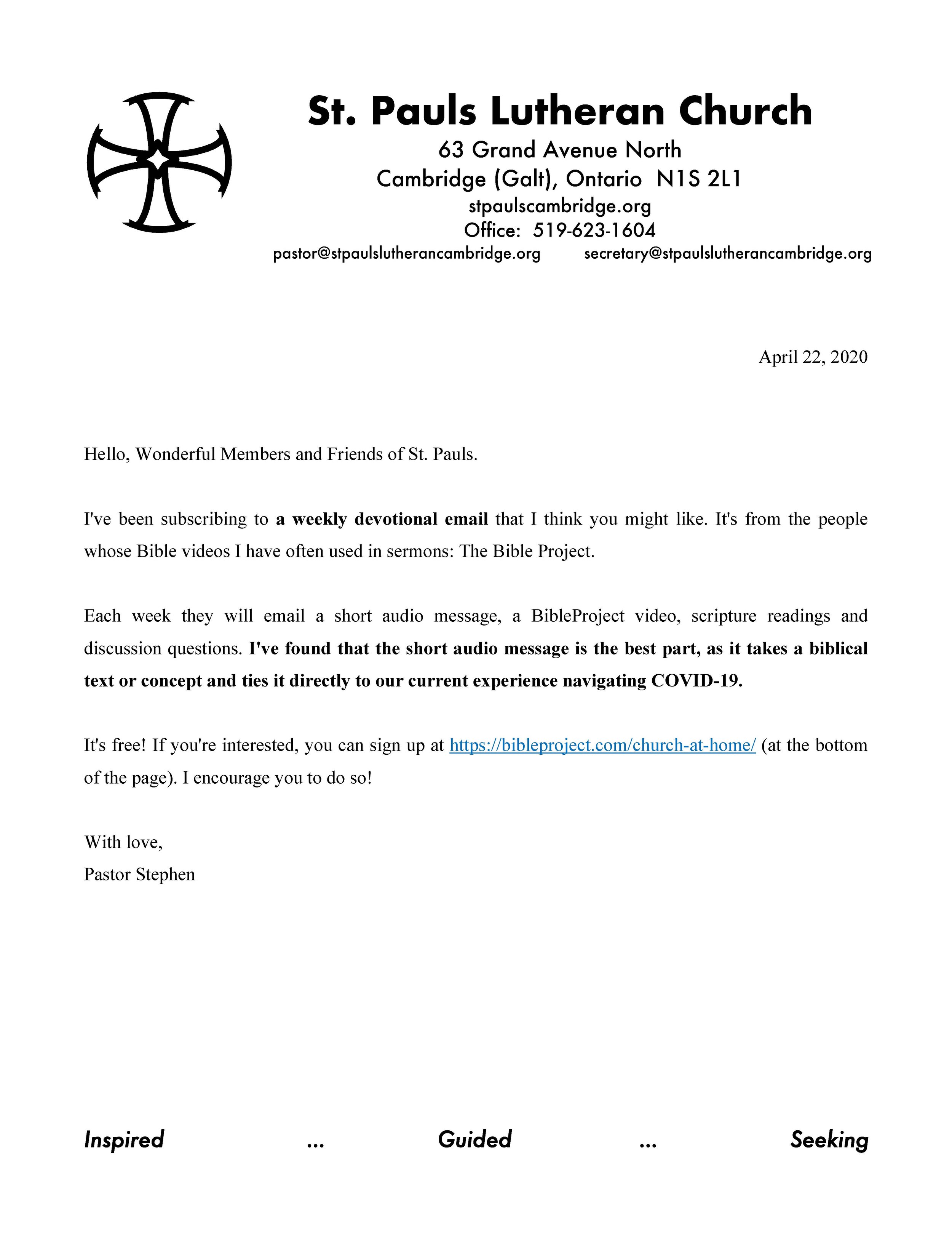 Pastoral Letters — St. Pauls Lutheran Church | Cambridge ON