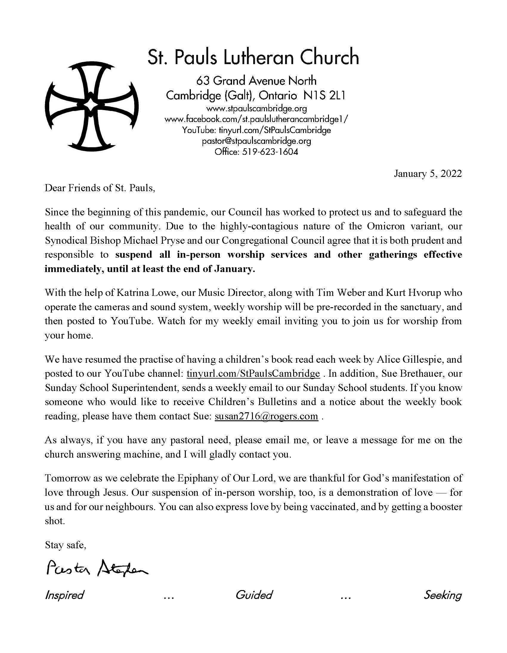 Pastoral Letters — St. Pauls Lutheran Church | Cambridge ON