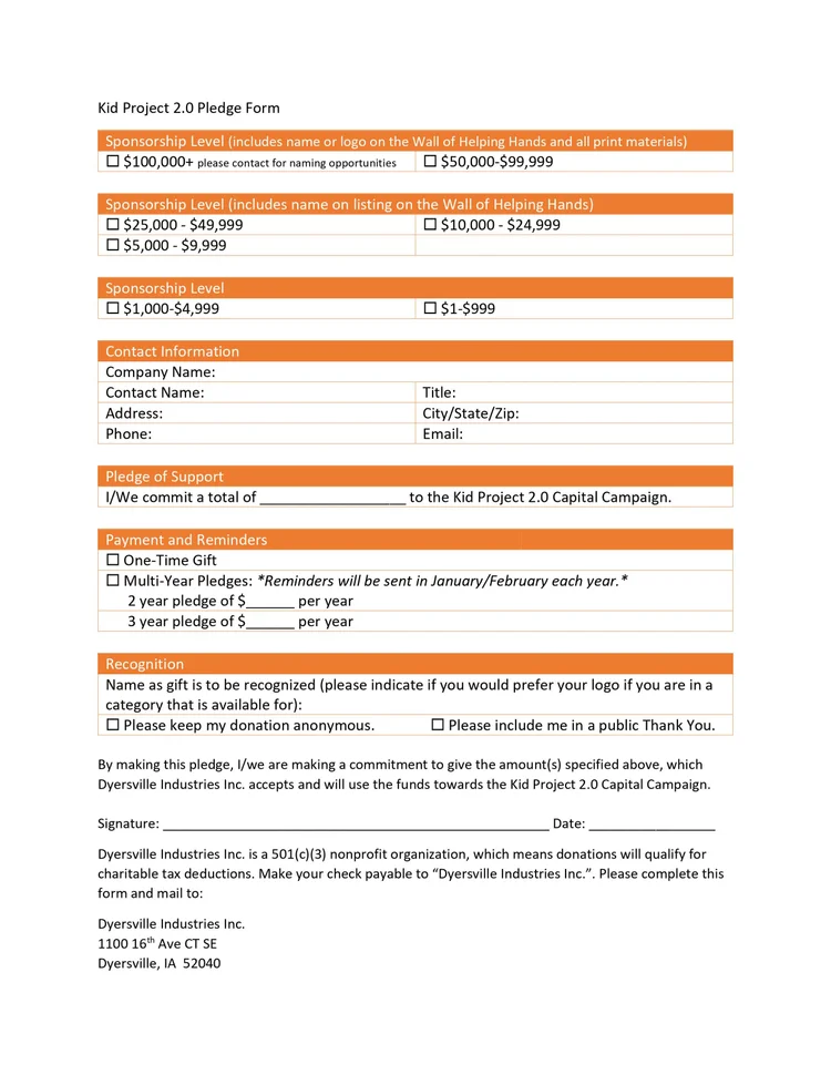 PLEDGE FORM — Dyersville Economic Development Corporation