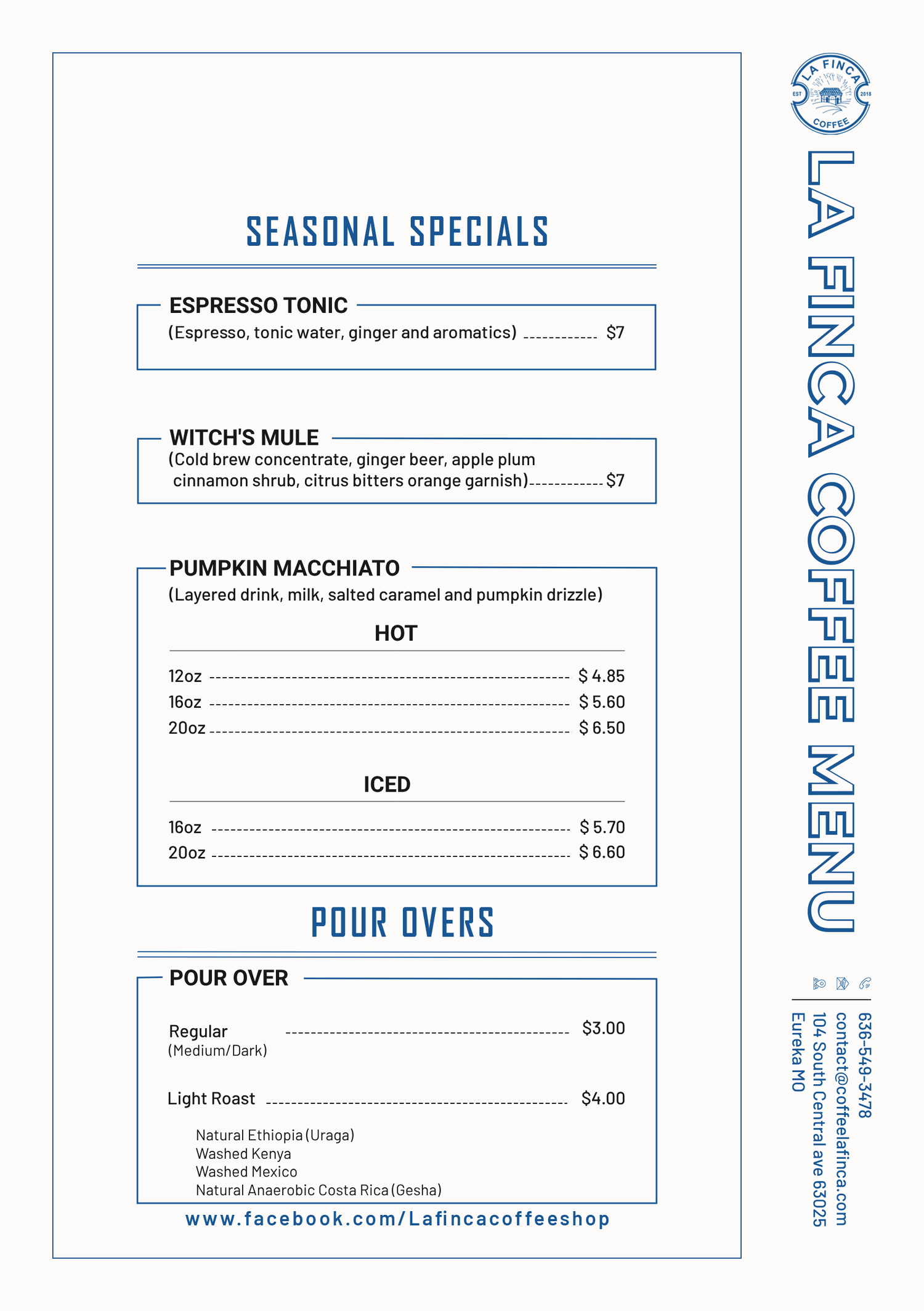 Eureka Menu — La Finca Coffee