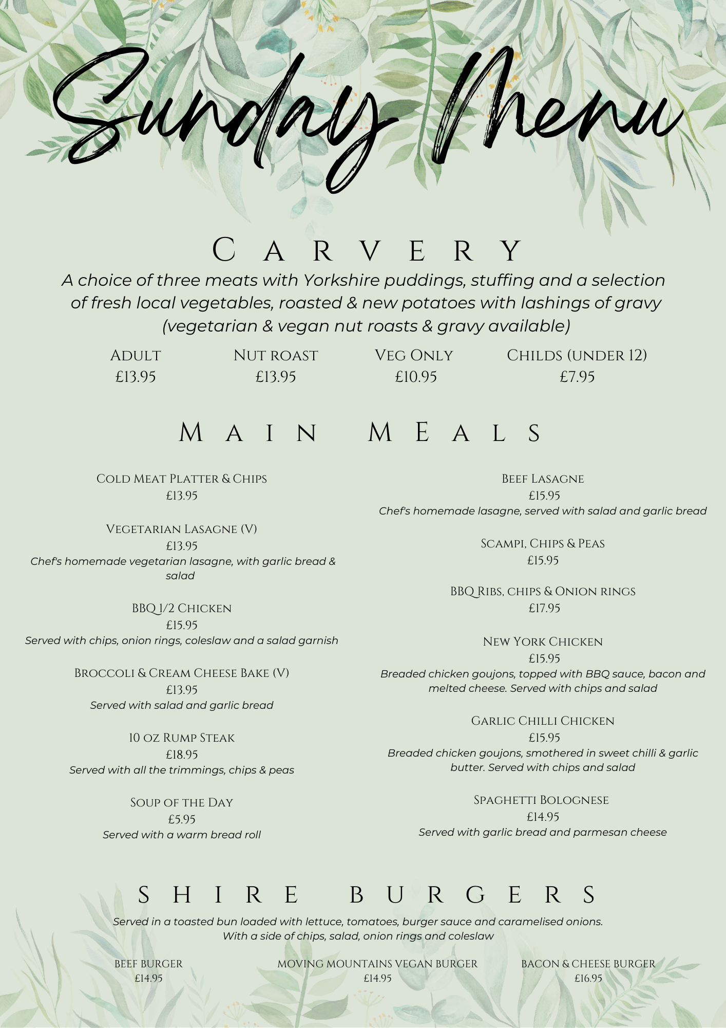 Shire Inn Menus — The Shire Inn