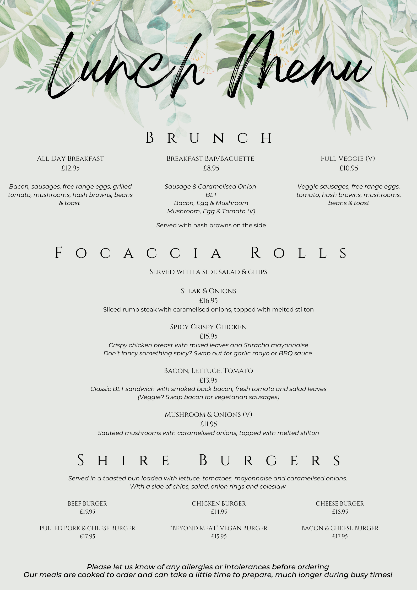 Shire Inn Menus — The Shire Inn