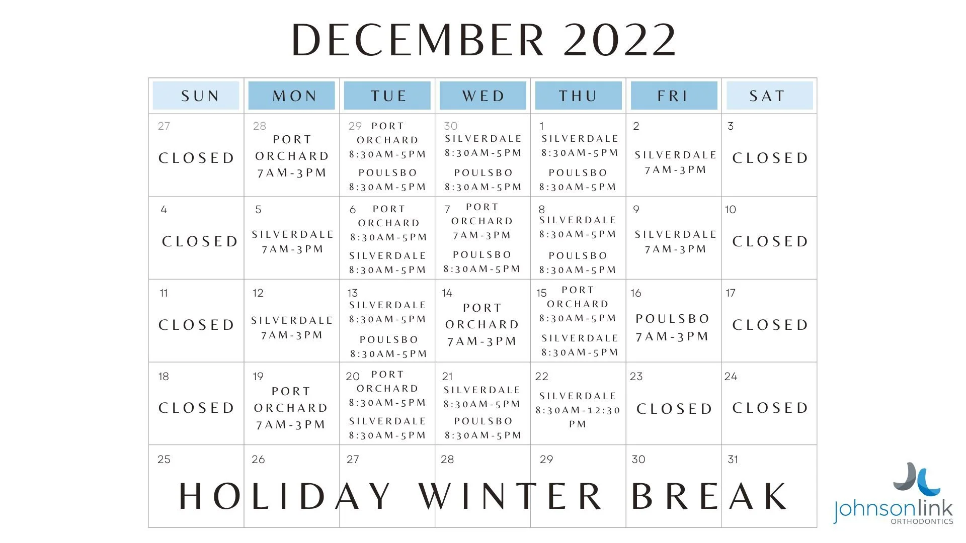 Office Hours Calendar — Johnsonlink Orthodontics